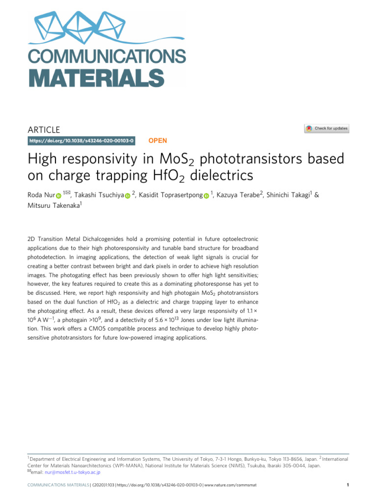 2020 - Communications Materials - High Responsivity in MoS2 Phototransistors Based On Charge ...