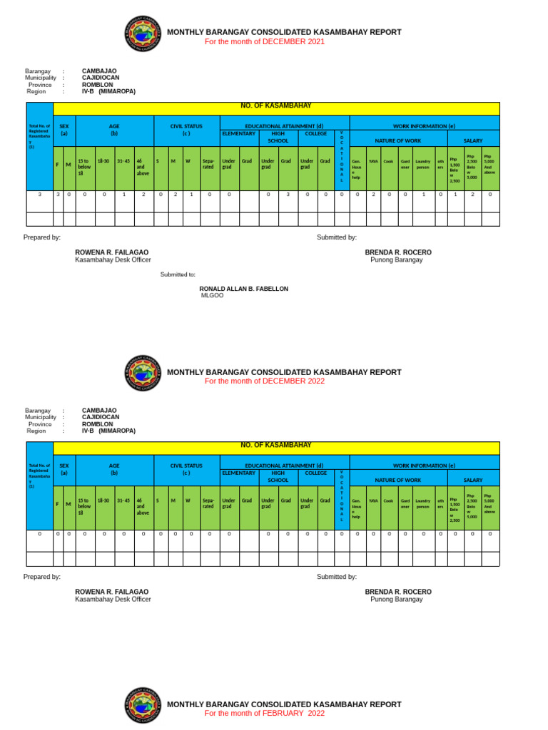 Monthly Barangay Consolidated Kasambahay Report | PDF