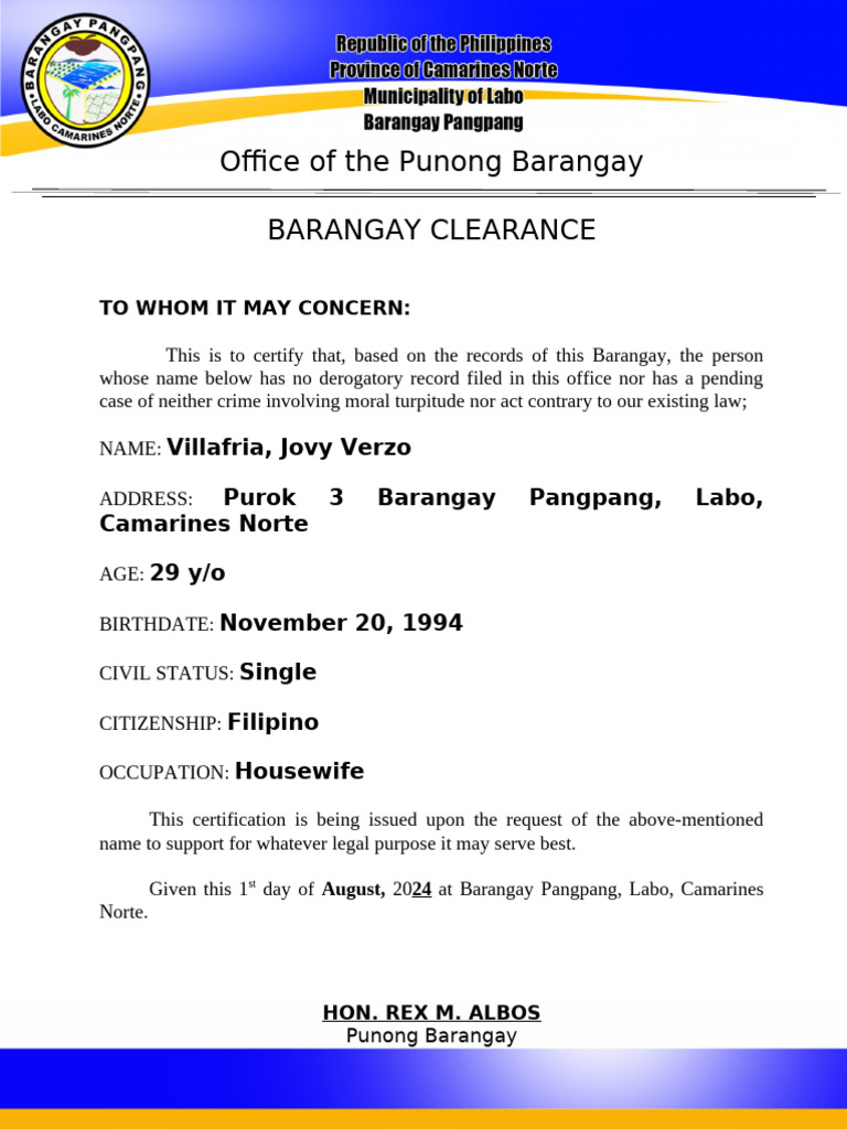Barangay Clearance For Dole | PDF
