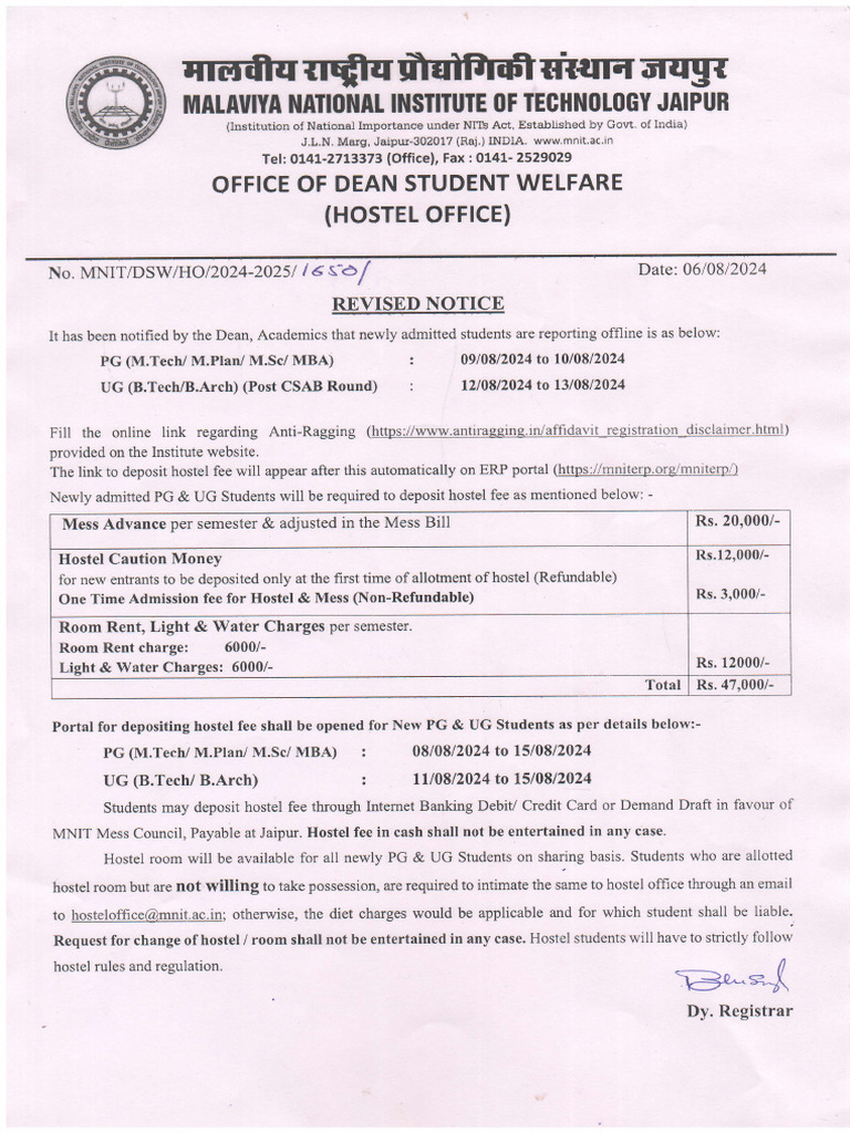 Revised Notice Hostel Fee | PDF