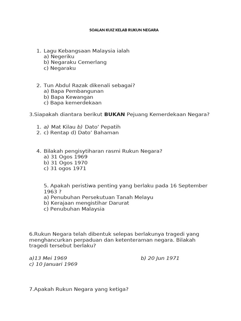 Soalan Kuiz Kelab Rukun Negara | PDF