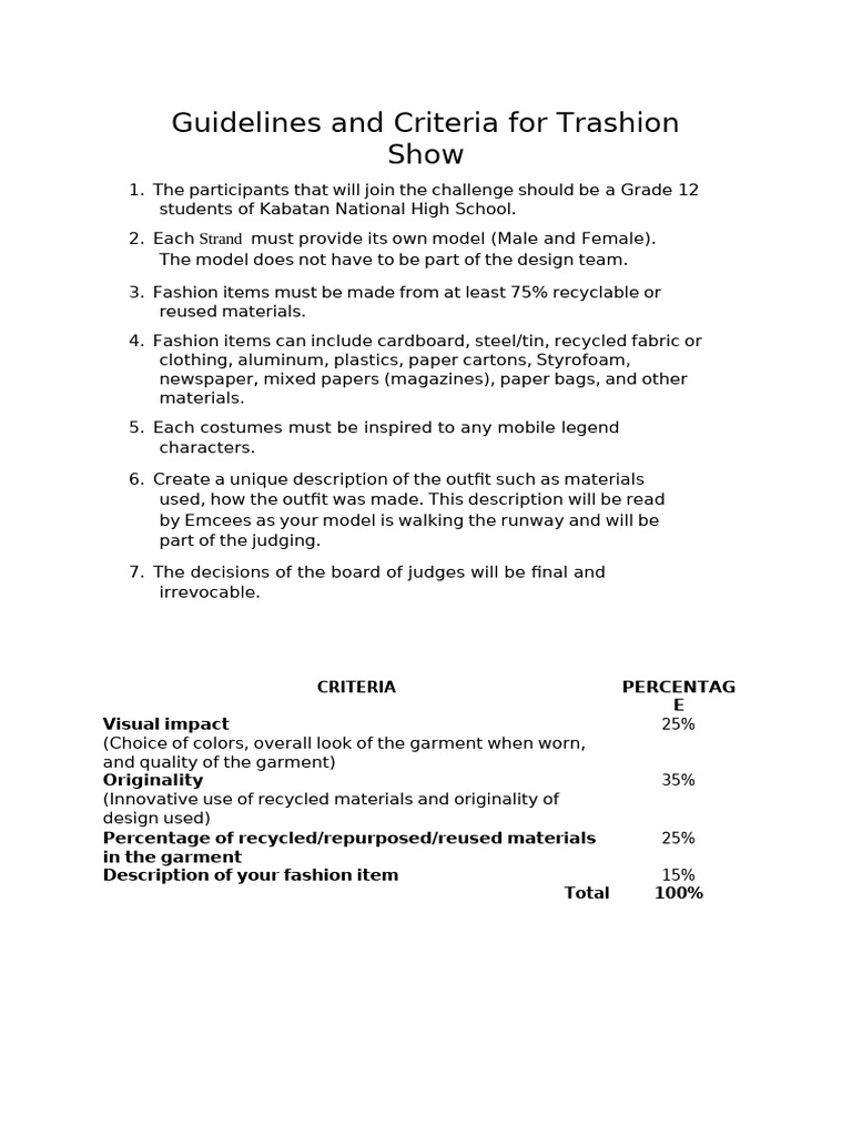 Trashion Show Guidelines and Criteria | PDF