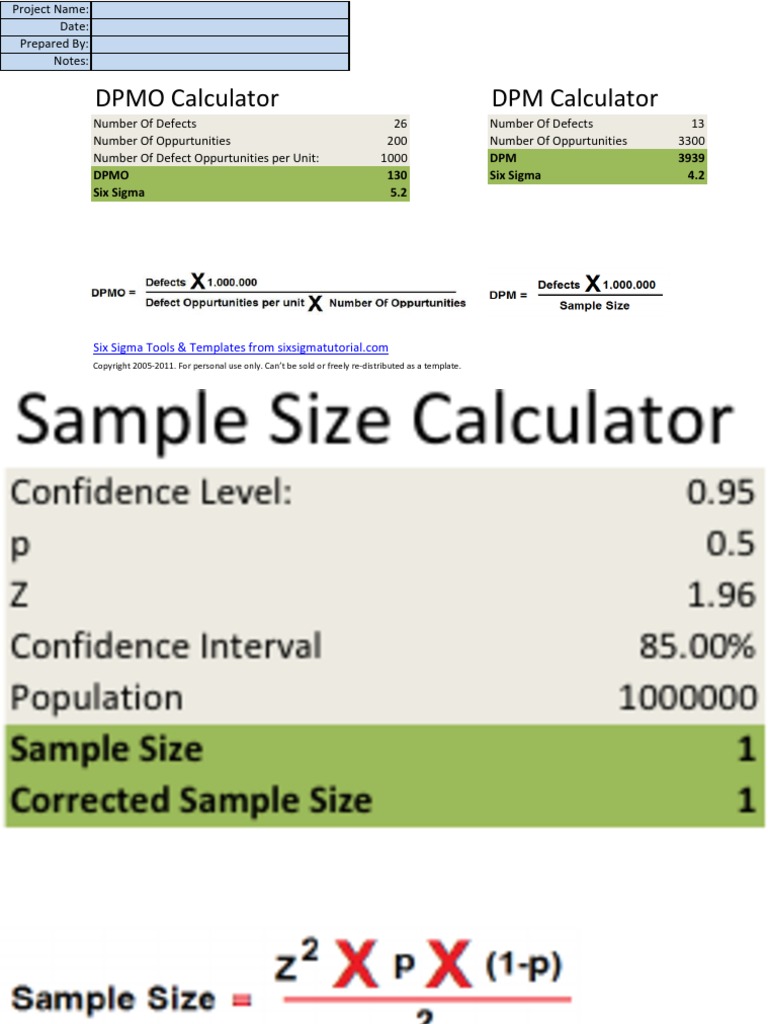 Six Sigma Calculator DPO DPMO Sample Size | PDF