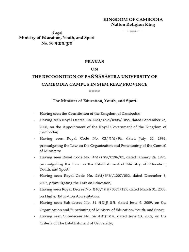 MH3410 Prakas On Recognition of Institute, Paññāsāstra University, Siem ...