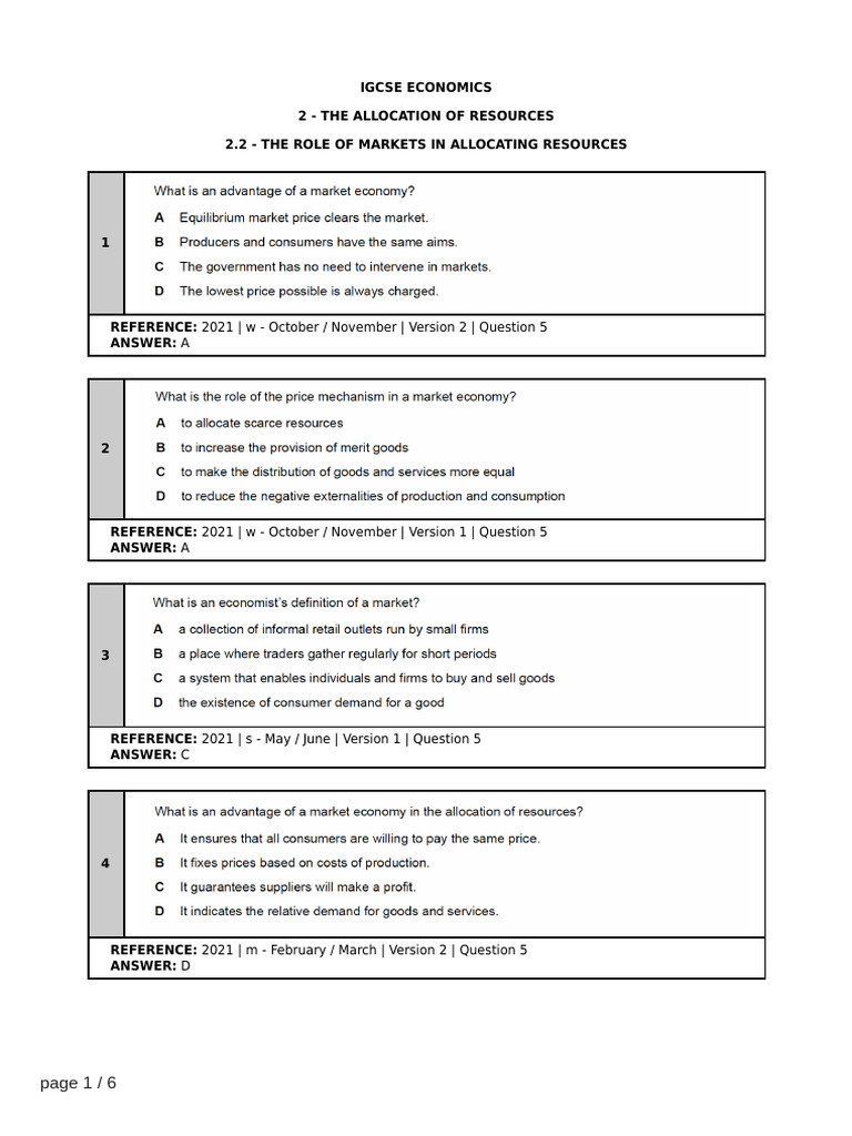 IGCSE Economics - 2.2 - The Role of Markets in Allocating Resources | PDF