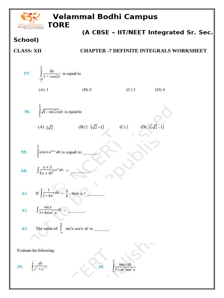 CLASS 12 DEFINITE INTEGRALS WORKSHEET | PDF