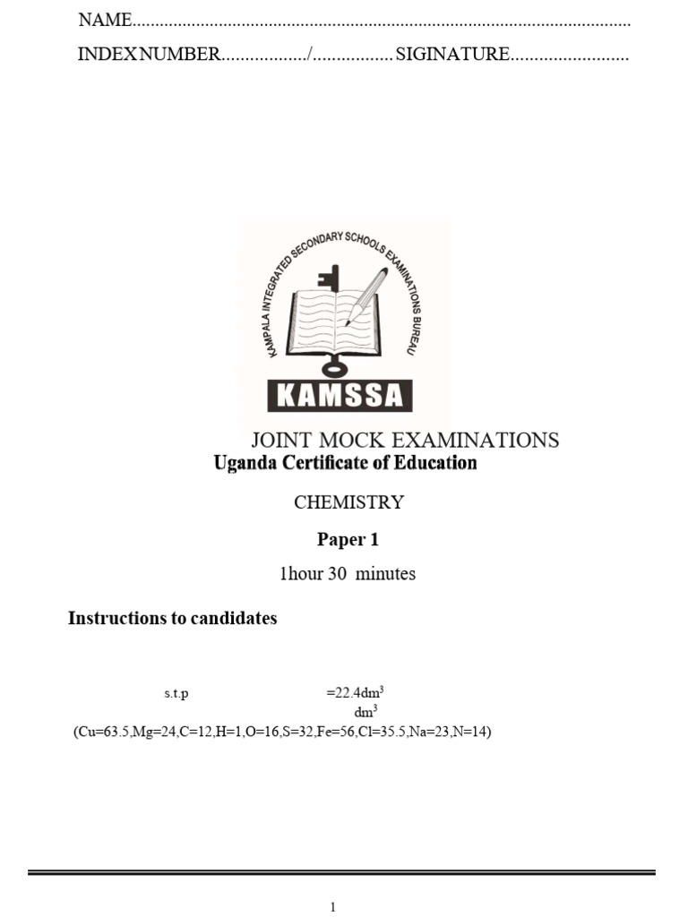 Kamssa Joint Mock Examinations Chemistry Paper 1 o Level 2022 | PDF