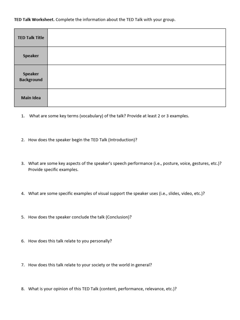 TED Talk - Group Task Worksheet (Update) | PDF