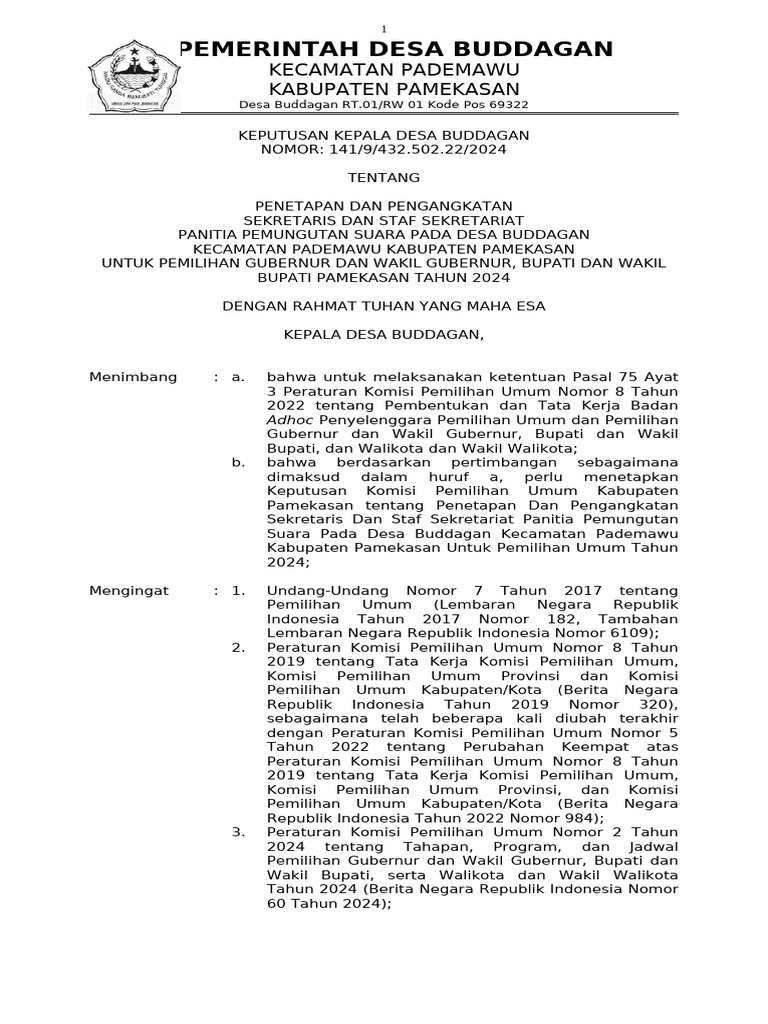 Contoh Format SK Kepala Desa-Pilkada | PDF