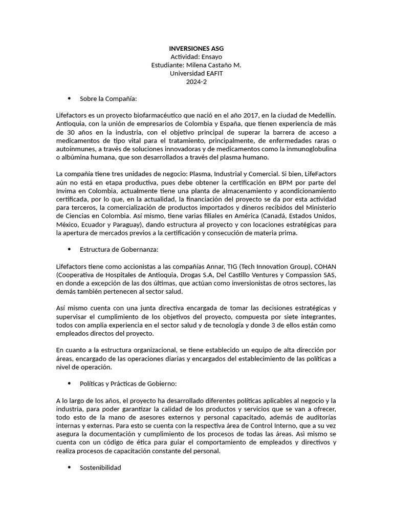INVERSIONES ASG - Ensayo Final | PDF | Sustentabilidad | Business