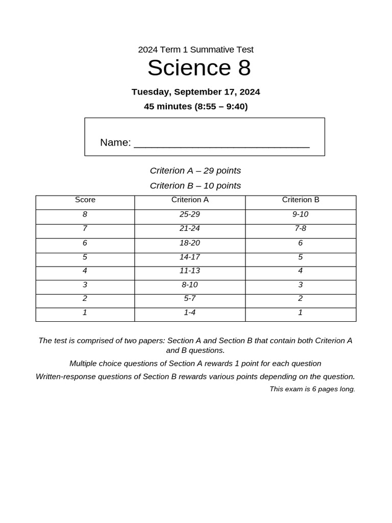 G8 Science Summative Test | PDF