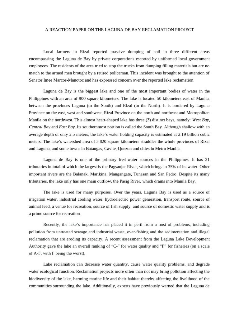 A Reaction Paper On The Laguna de Bay Reclamation Project | PDF