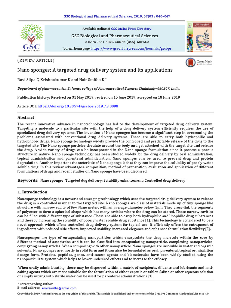 Nano Sponges A Targeted Drug Delivery System and Its Applications | PDF