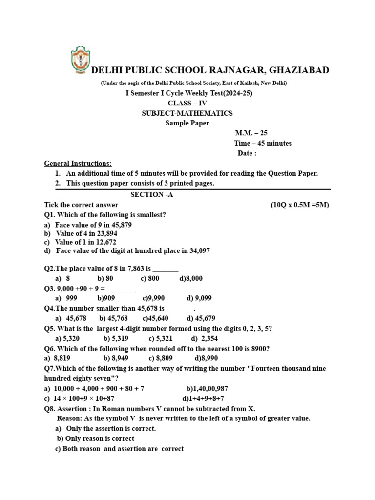 Sample Paper Grade IV Question Paper 202425 2 | PDF