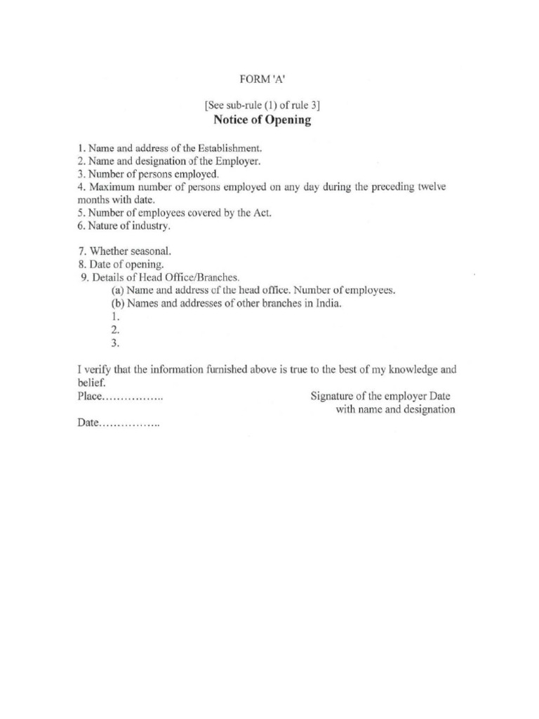 Form A - Opening of Establishment Intimation | PDF