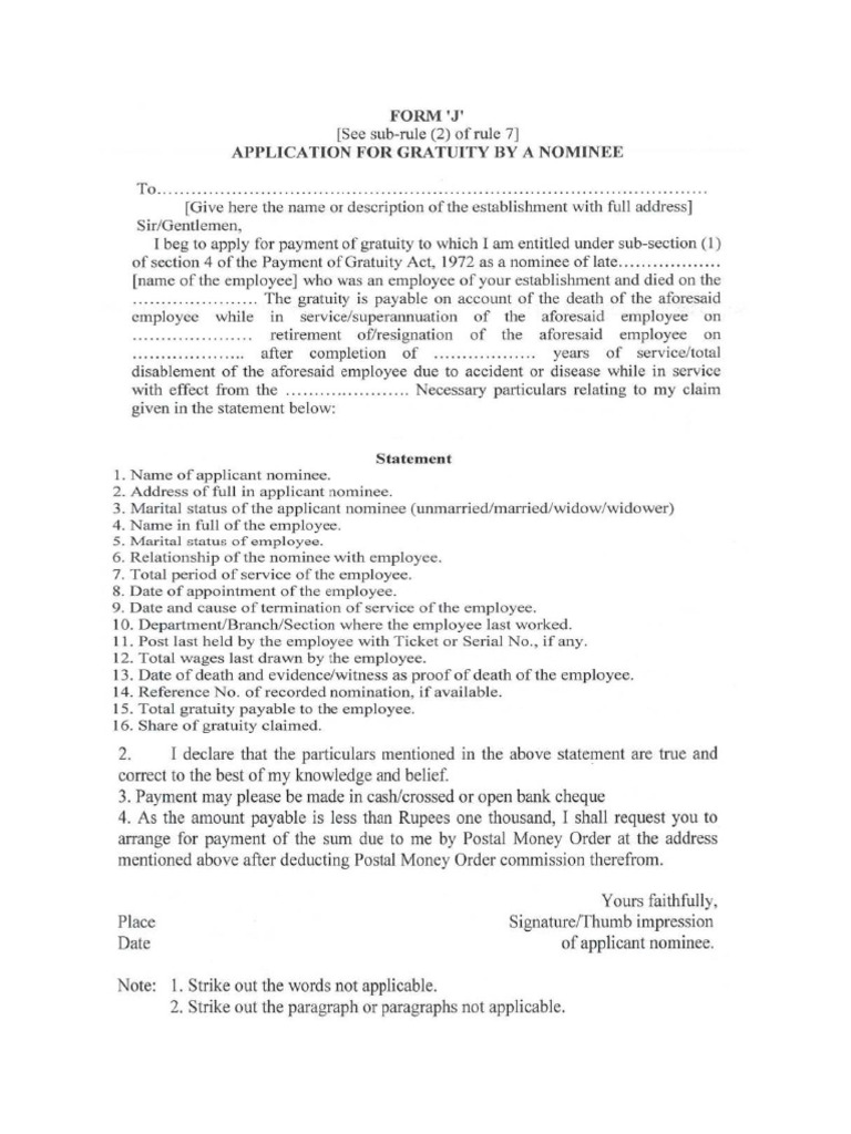 Form J Application for Gratuity by Nominee | PDF