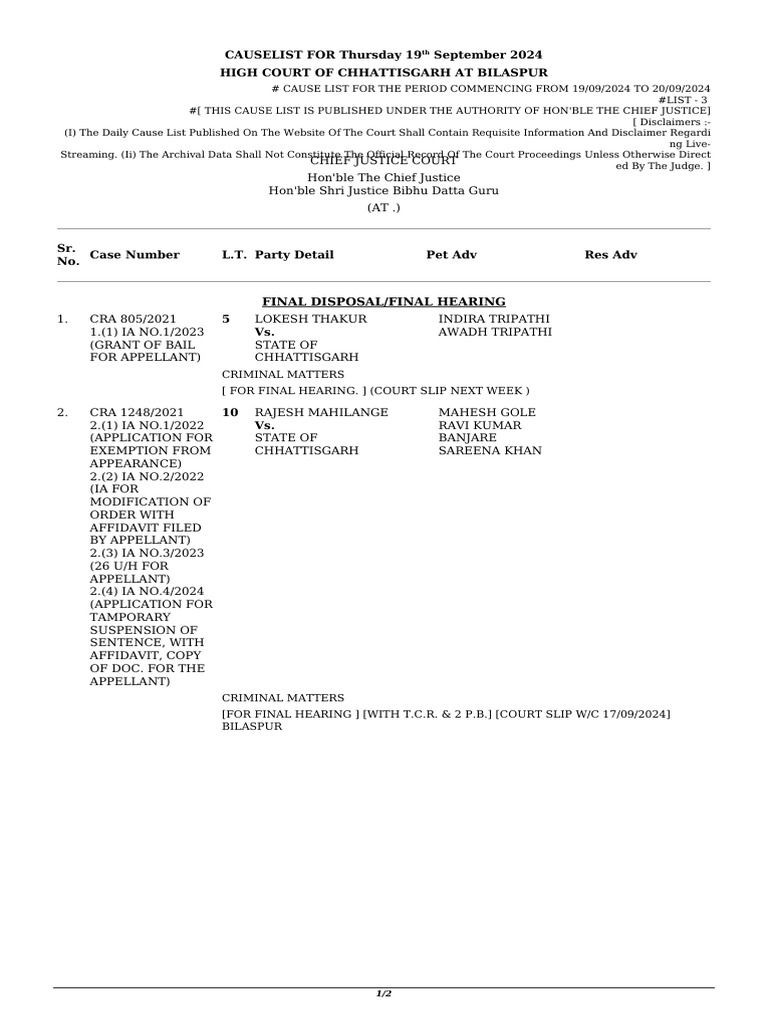 Display Causelist PDF | PDF