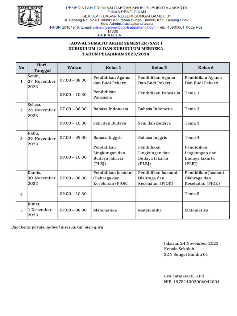 JADWAL SUMATIF AKHIR SEMESTER 1 2023 2024 Matematika Jumat | PDF