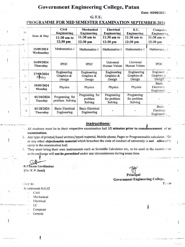 Sem 1 Exam Time Table | PDF