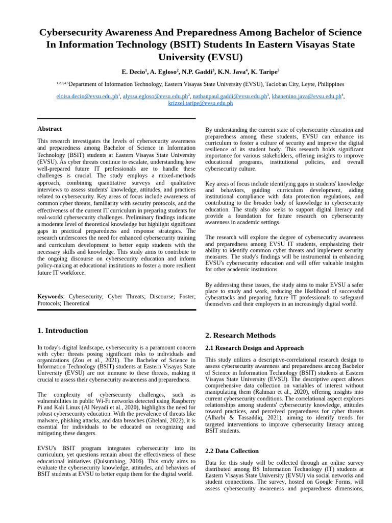Cybersecurity Awareness and Preparedness Among Bachelor of Science in ... Cybersecurity Awareness and Preparedness Among Bachelor of Science in ...