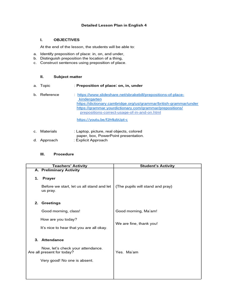 Lesson-Plan-in-English-4-Preposition-Rosalie StaAna | PDF