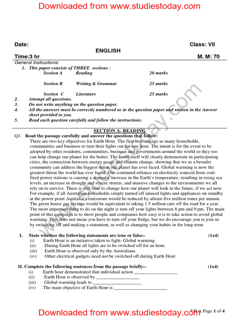 CBSE Class 7 English Question Paper Set D | PDF