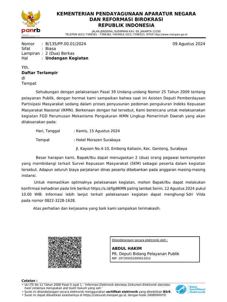 Surat Undangan Eksternal - FGD IKMN Lingkup Pemda - 15 Agustus 2024 | PDF