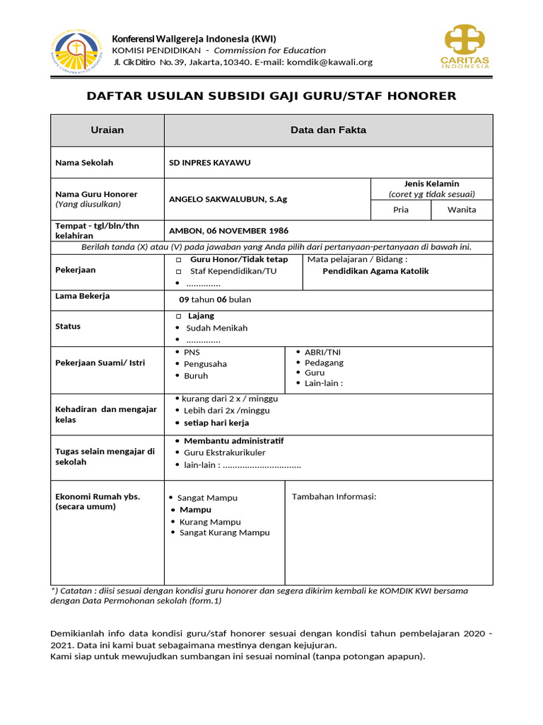 KUESIONER Usulan Data Guru Honor1 | PDF