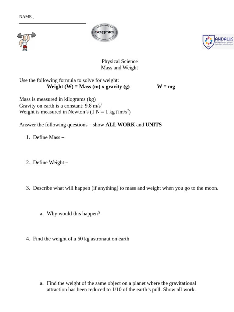 Mass and Weight Worksheet | PDF