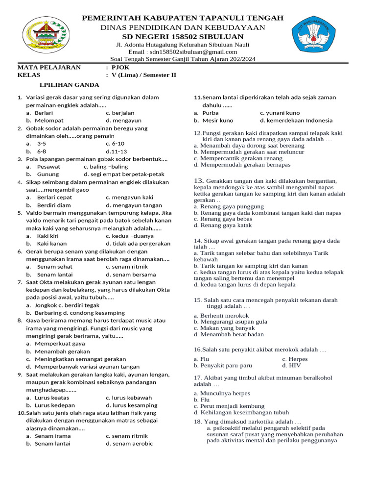 Soal Ujian Kelas V Penjas 2024 Smes 2 | PDF