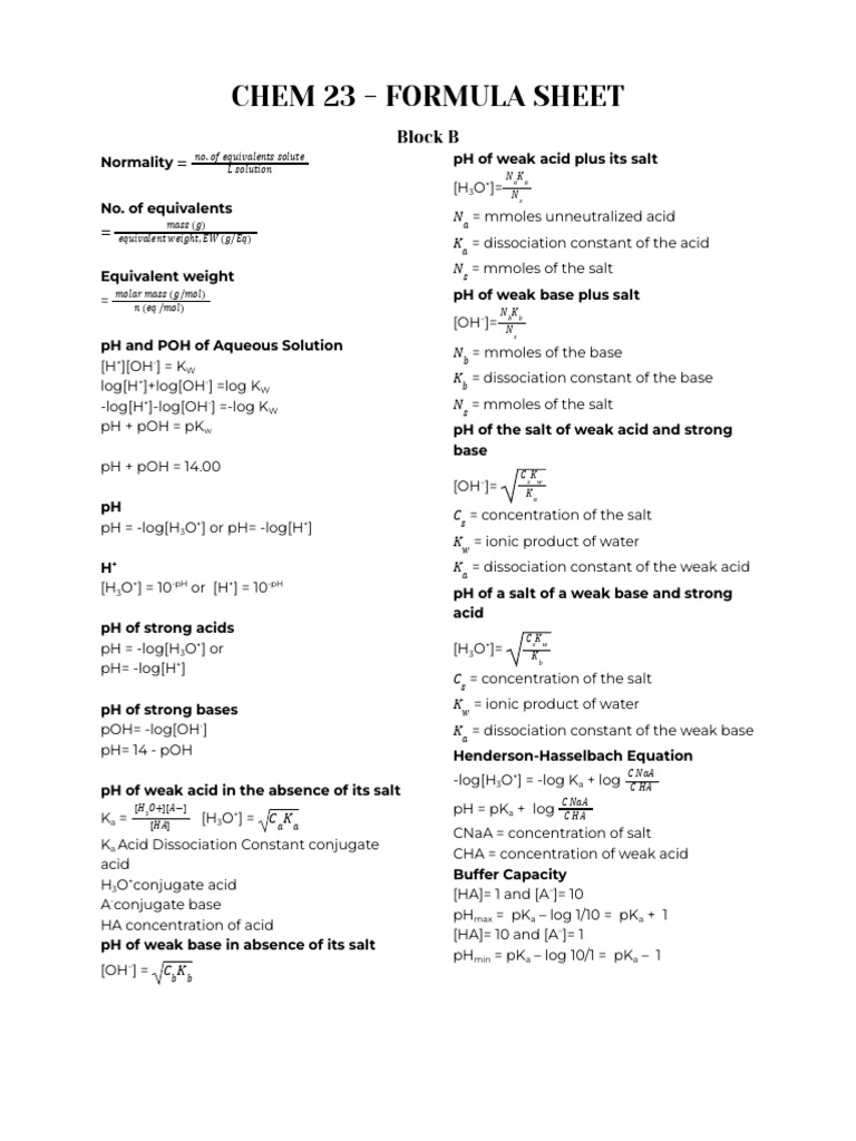 CHEM FORMULA SHEET | PDF