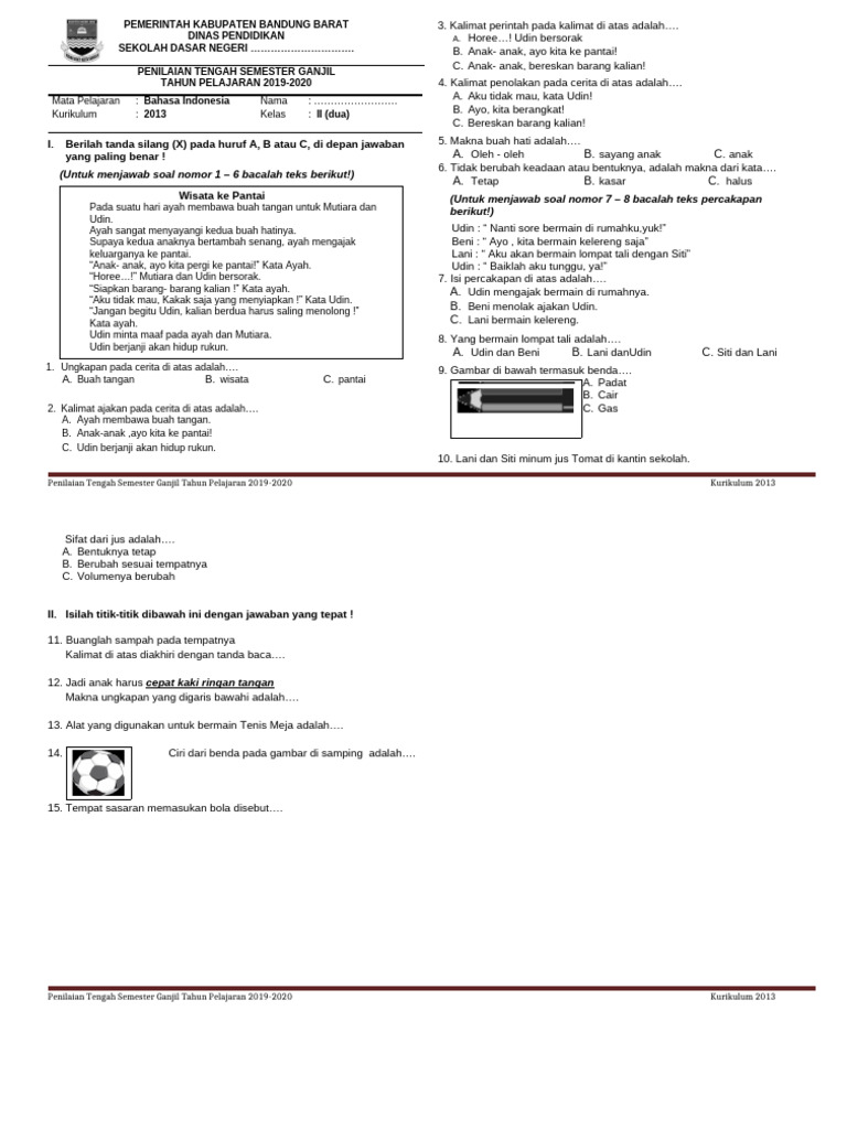 SOAL PTS I B. INDONESIA KELAS 2 KURTILAS | PDF