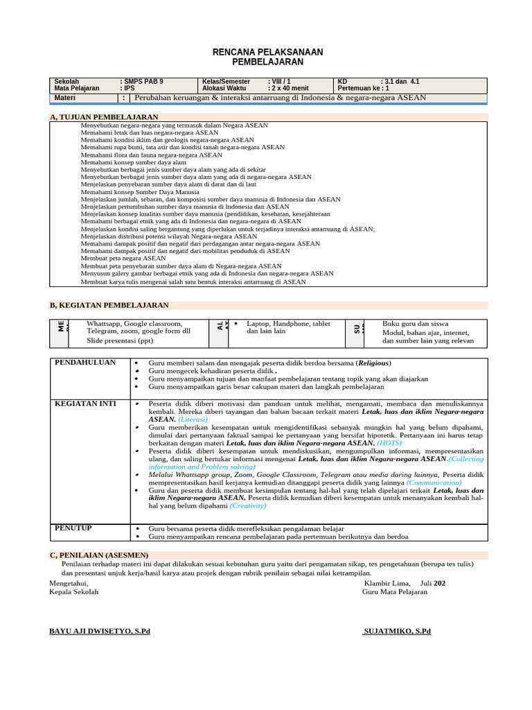 RPP IPS Kelas 8 1 Tahun | PDF