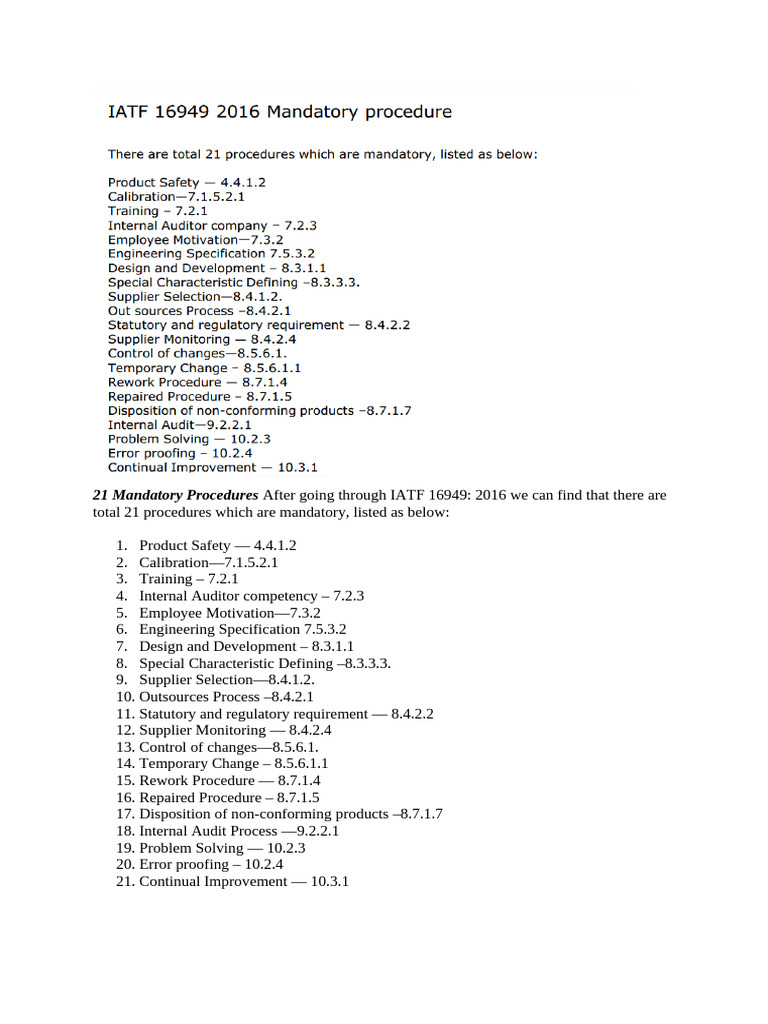 21 Mandatory Procedures After Going Through IATF 16949 | PDF