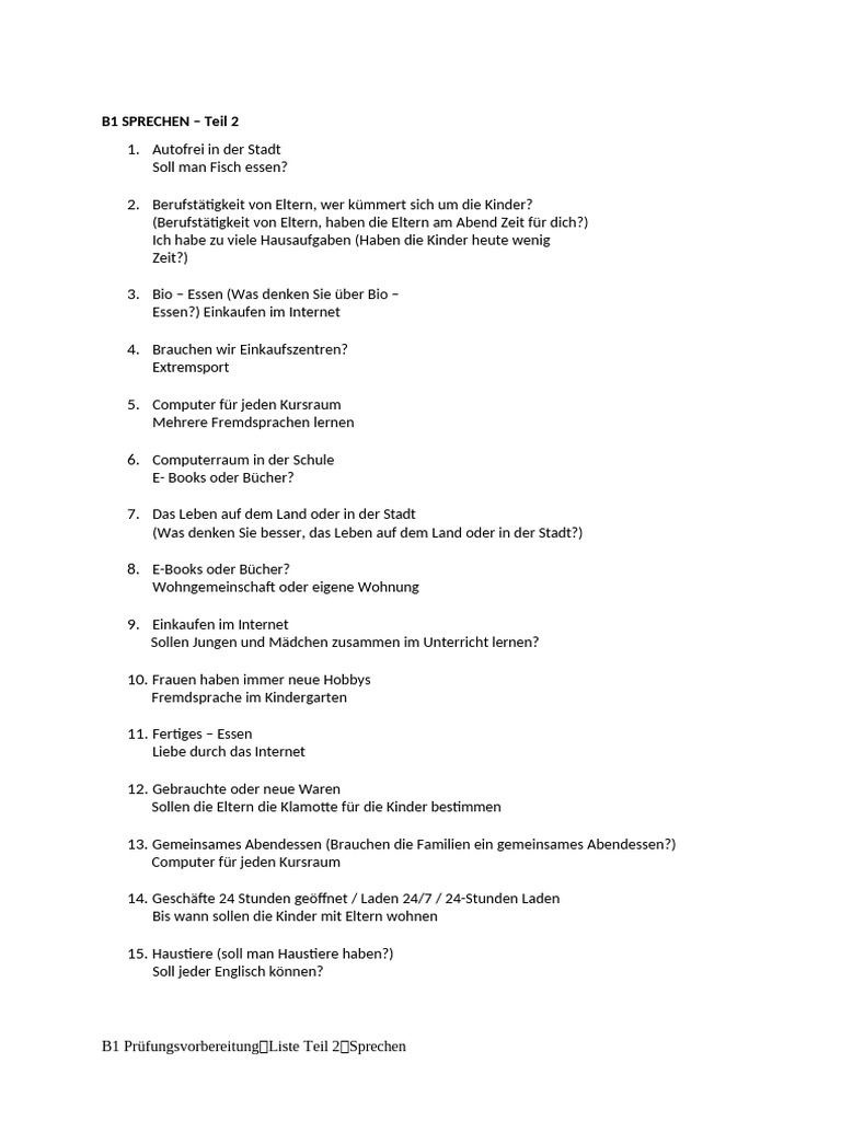 B1 Sprechen Teil 2 Liste | PDF