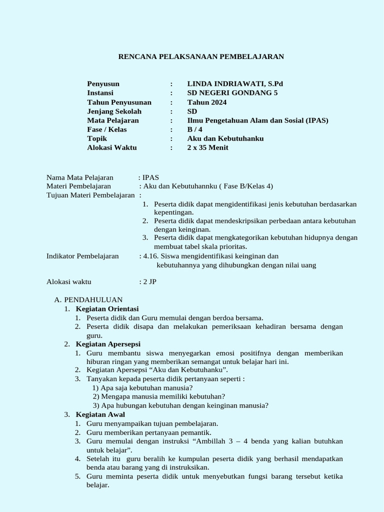 RPP Ipas Kelas 4 | PDF