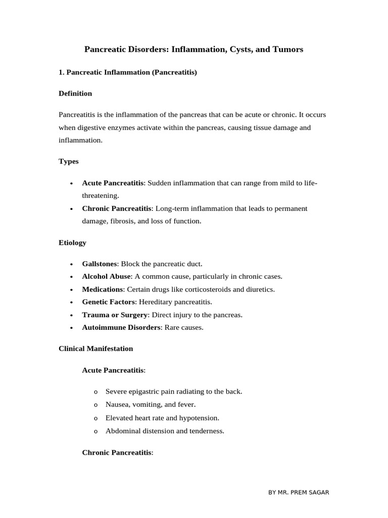 Pancreatic Disorders Inflammation Cysts, and Tumors | PDF