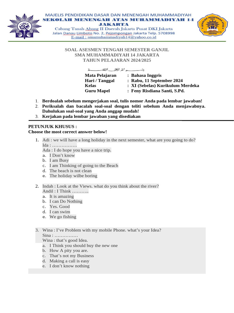 PTS GANJIL 2024 BING KELAS XI | PDF