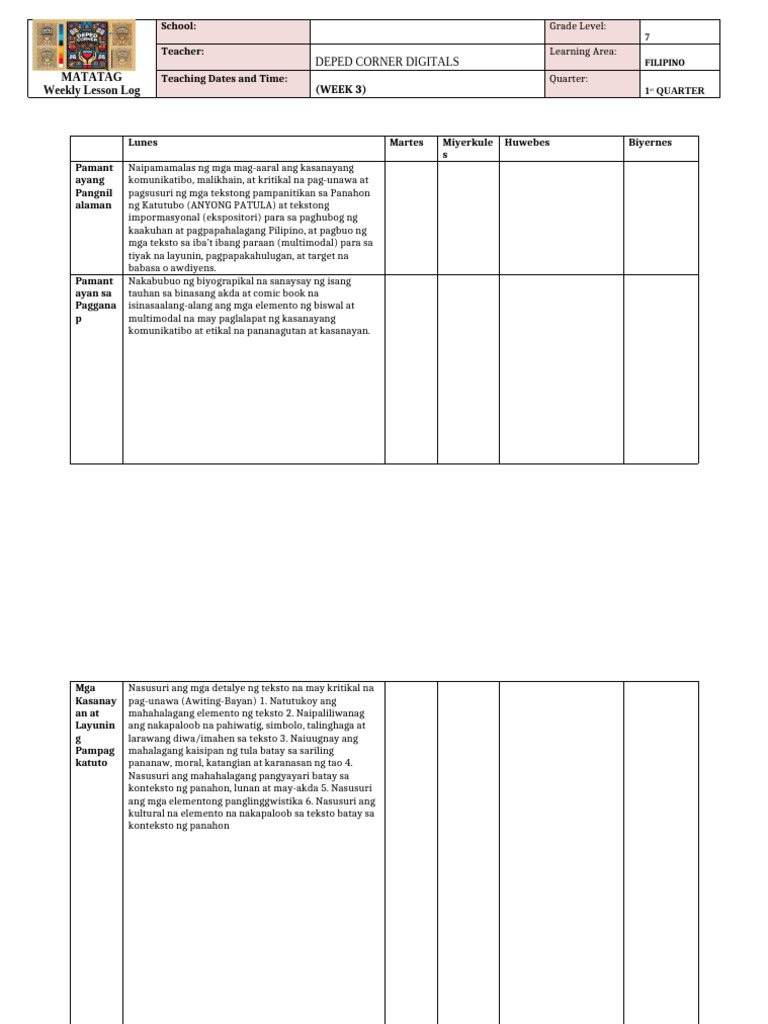 DLL Week 3 Grade7 Filipino Deped Corner Digitals | PDF
