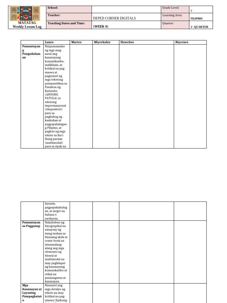 DLL-WEEK 4-GRADE7-FILIPINO -DEPED CORNER DIGITALS, | PDF