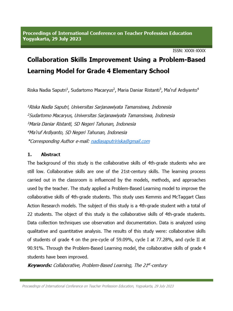 Collaboration Skills Improvement Using a PBL Model for Grade 4 ...
