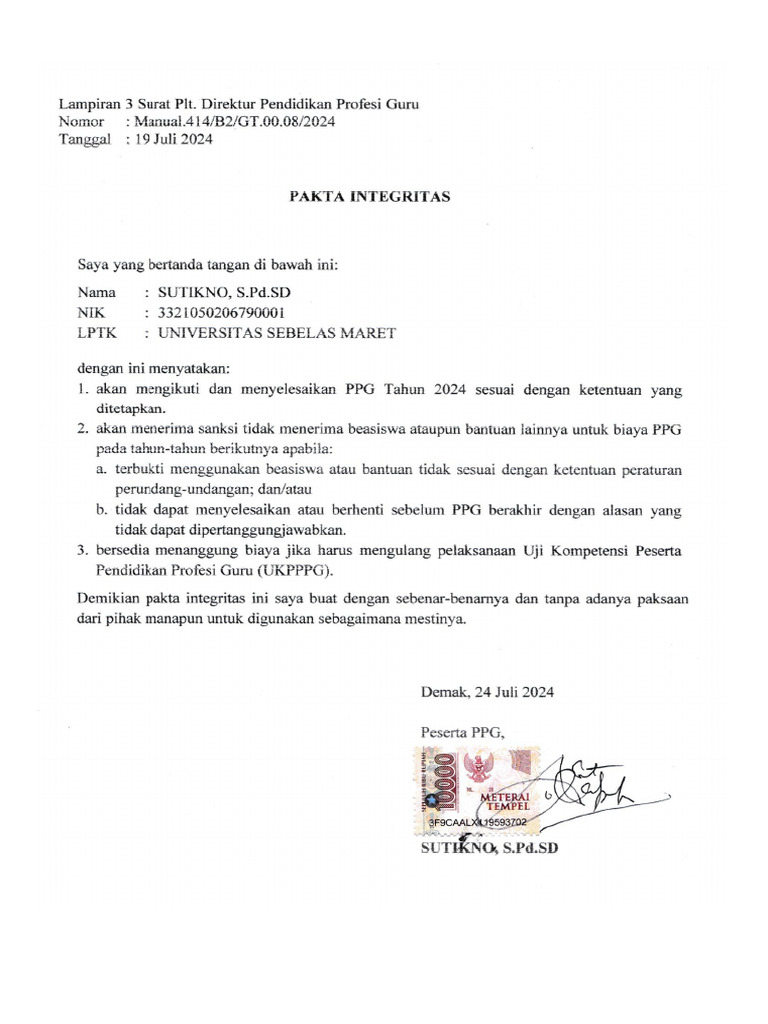Pakta Integritas Simpkb | PDF