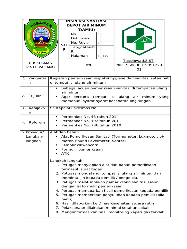 Sop Inspeksi Sanitasi Damiu F | PDF