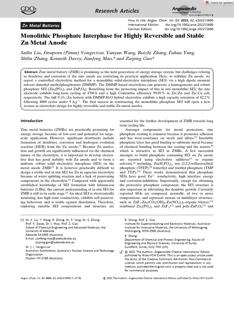 Angew Chem Int Ed - 2022 - Liu - Monolithic Phosphate Interphase For Highly Reversible and ...