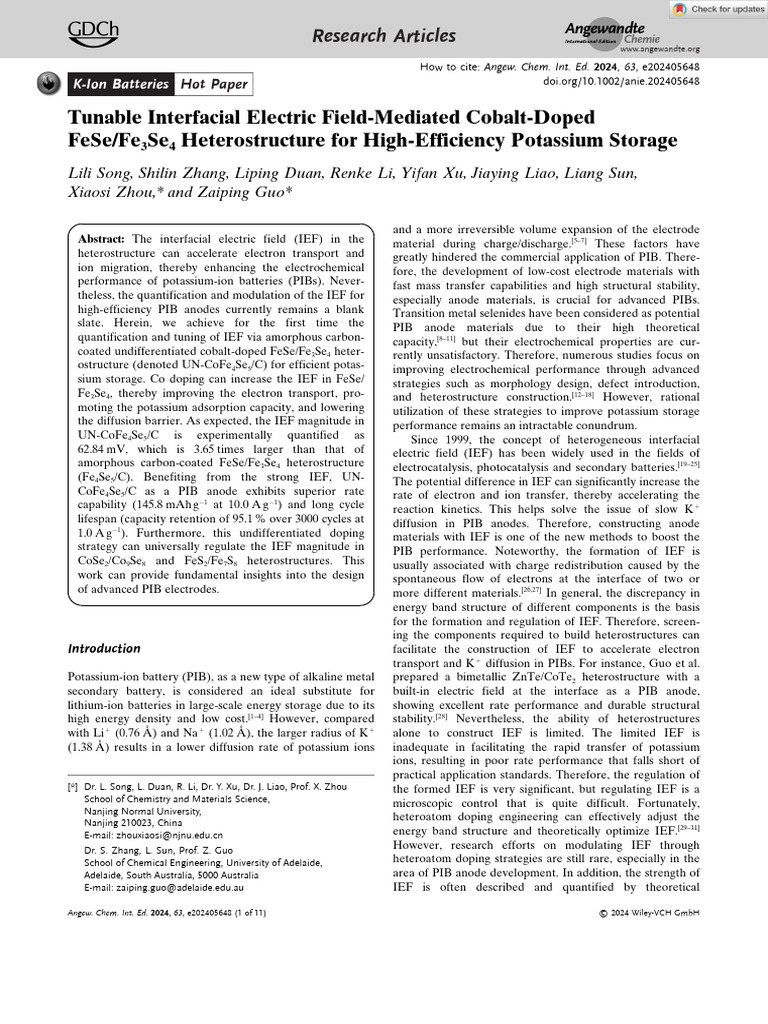 Angew Chem Int Ed - 2024 - Song - Tunable Interfacial Electric Field Mediated Cobalt Doped FeSe ...