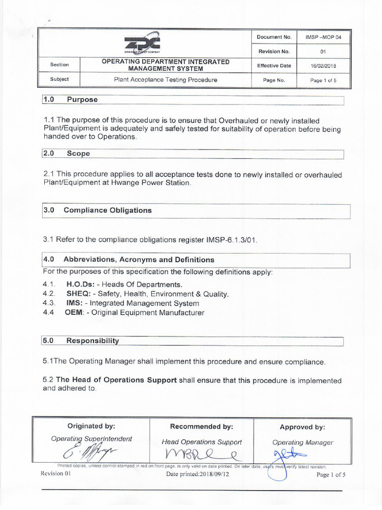 Operations Plant Acceptance Test Procedure | PDF