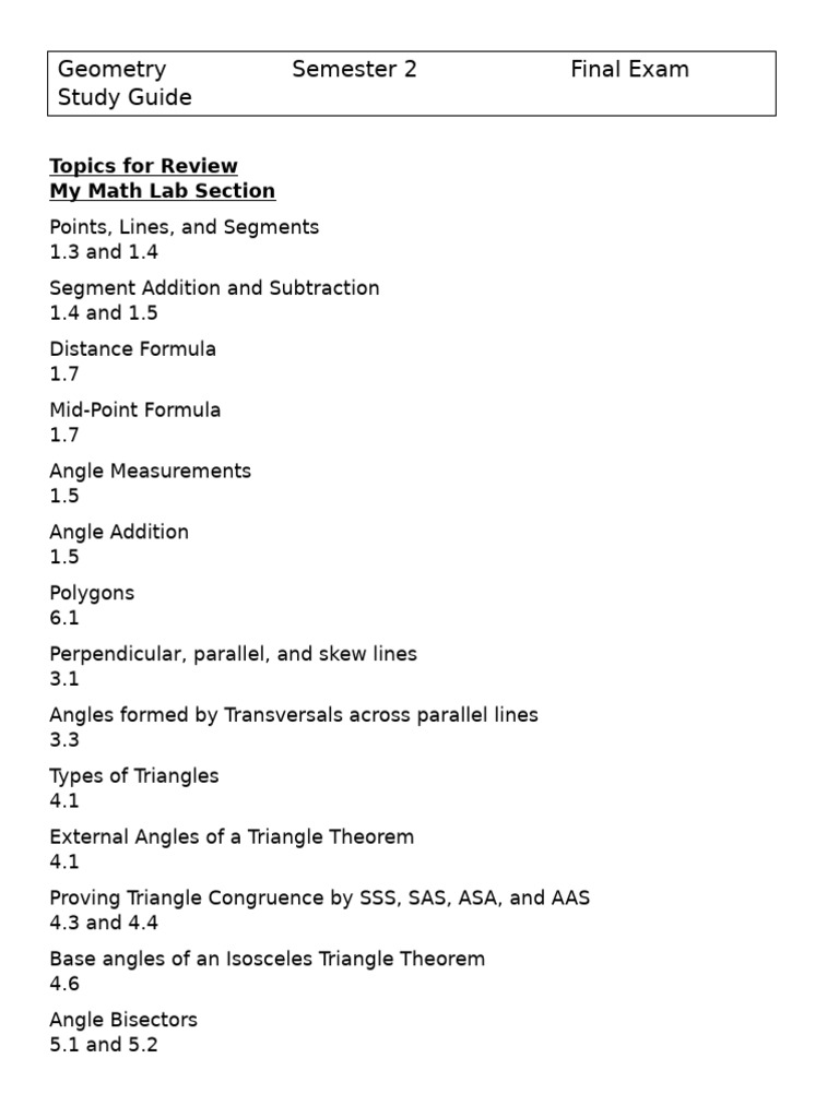 Geometry Final Exam Study Guide My Math Lab Section | PDF