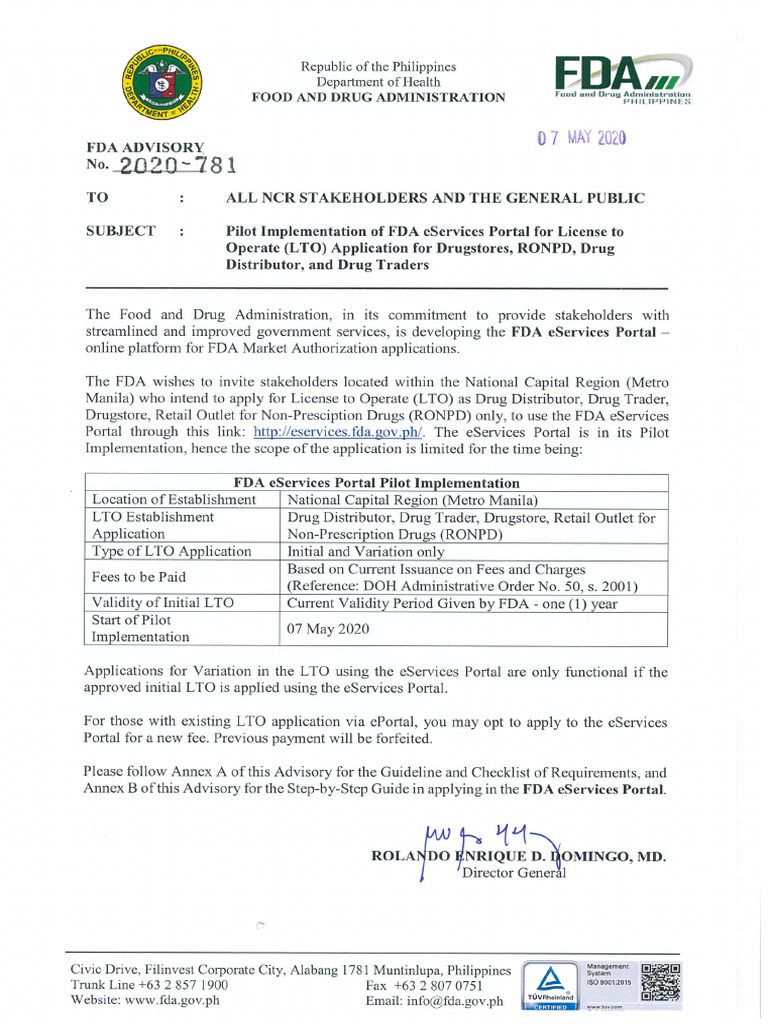 FDA Advisory No.2020-781 | PDF