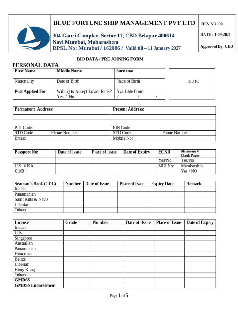Blue Fortune Company Aplication Form | PDF