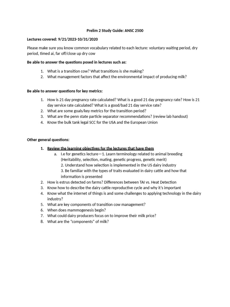 ANSC 2500 Prelim 2 Study Guide | PDF